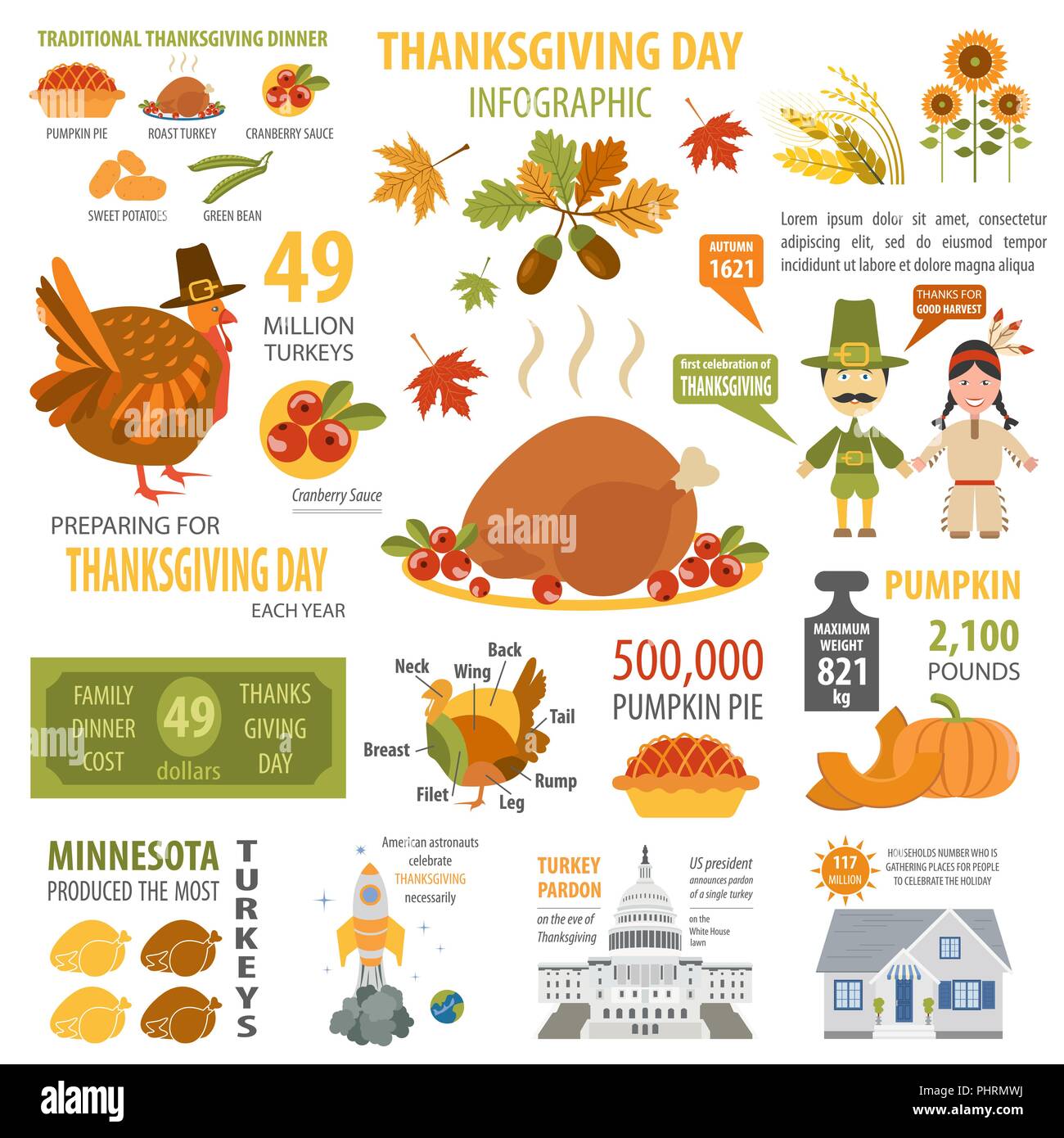 Thanksgiving day, interesting facts in infographic. Graphic template ...