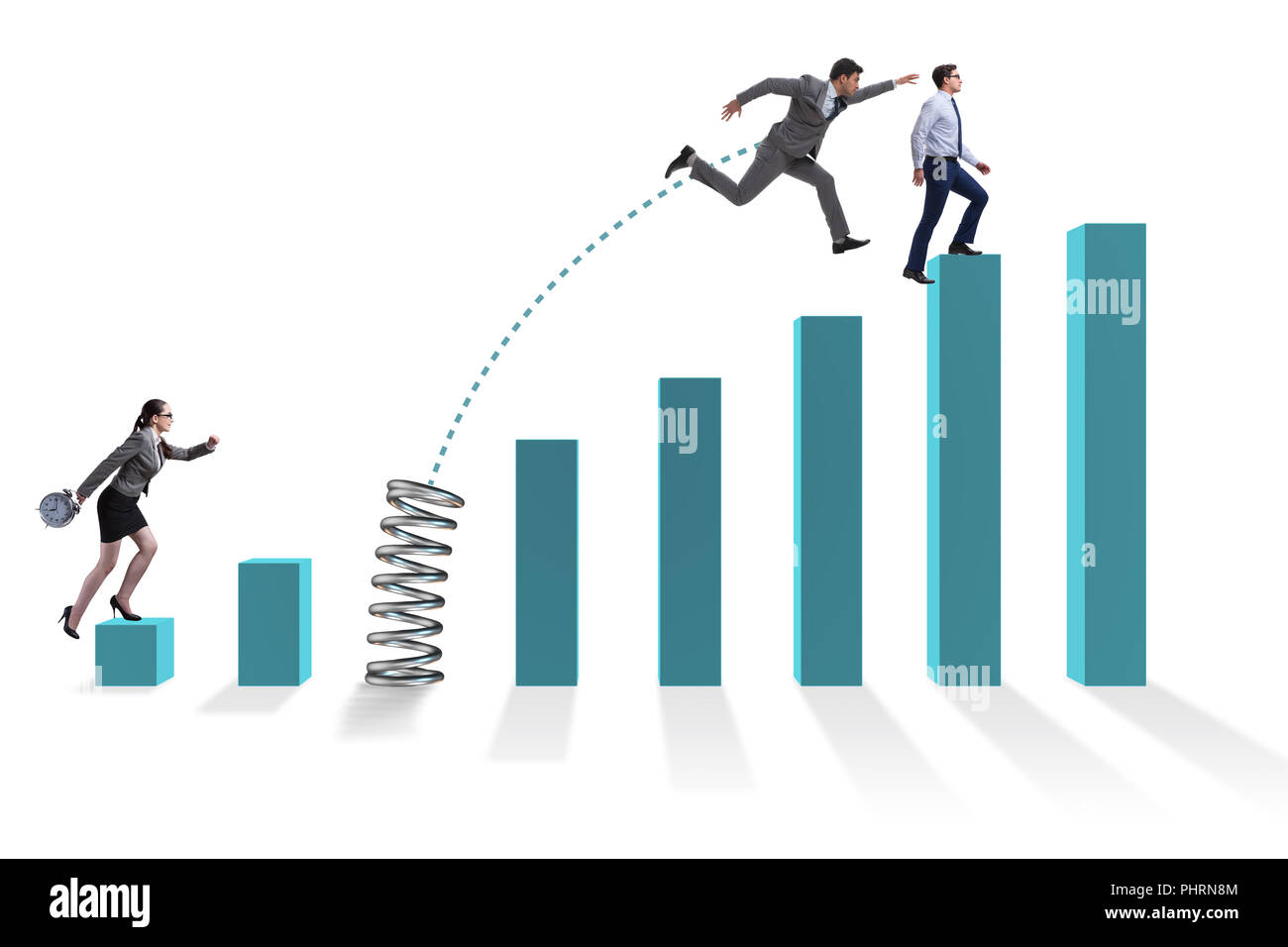 Business people jumping over bar charts Stock Photo - Alamy