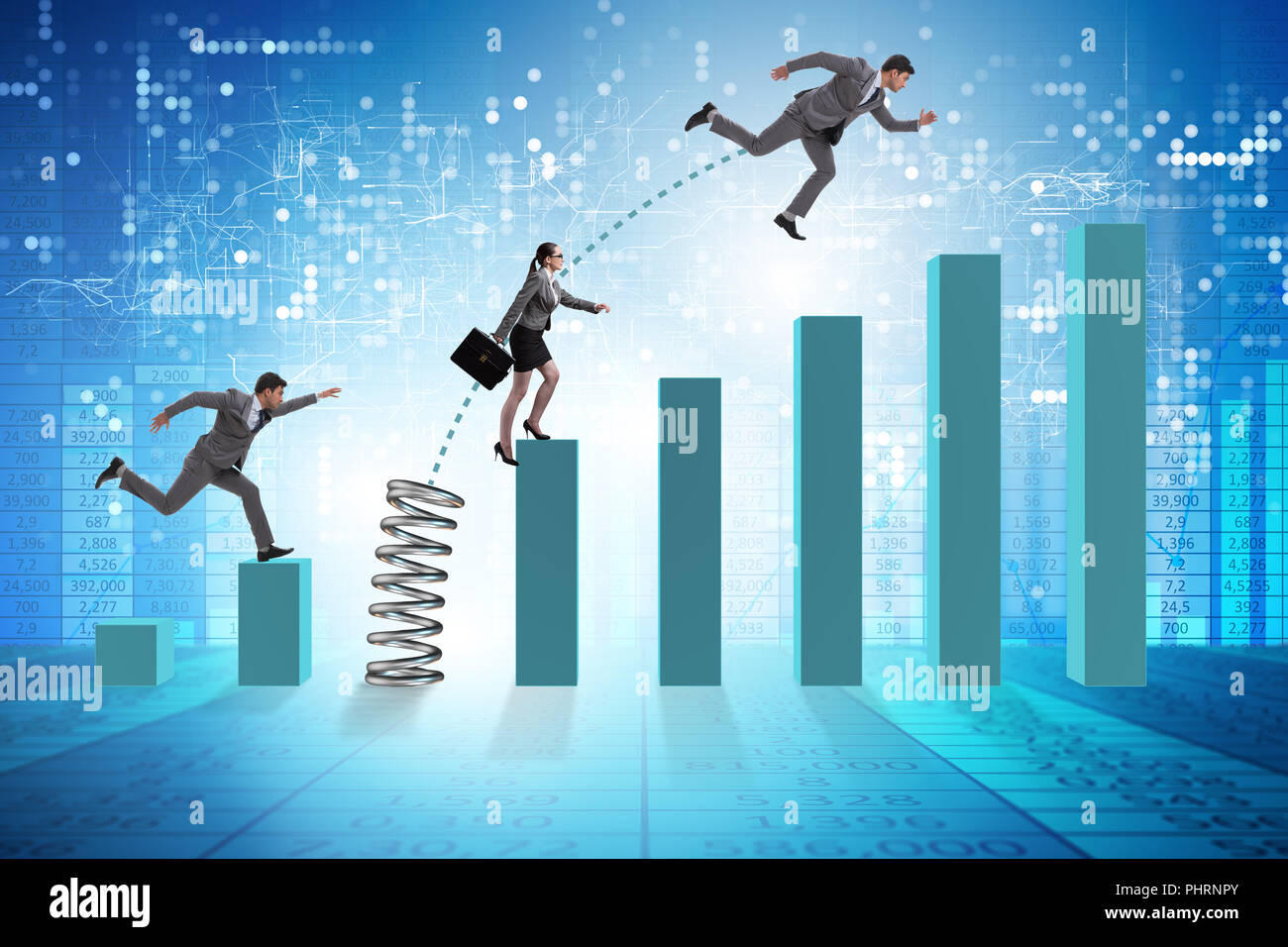 Business people jumping over bar charts Stock Photo - Alamy