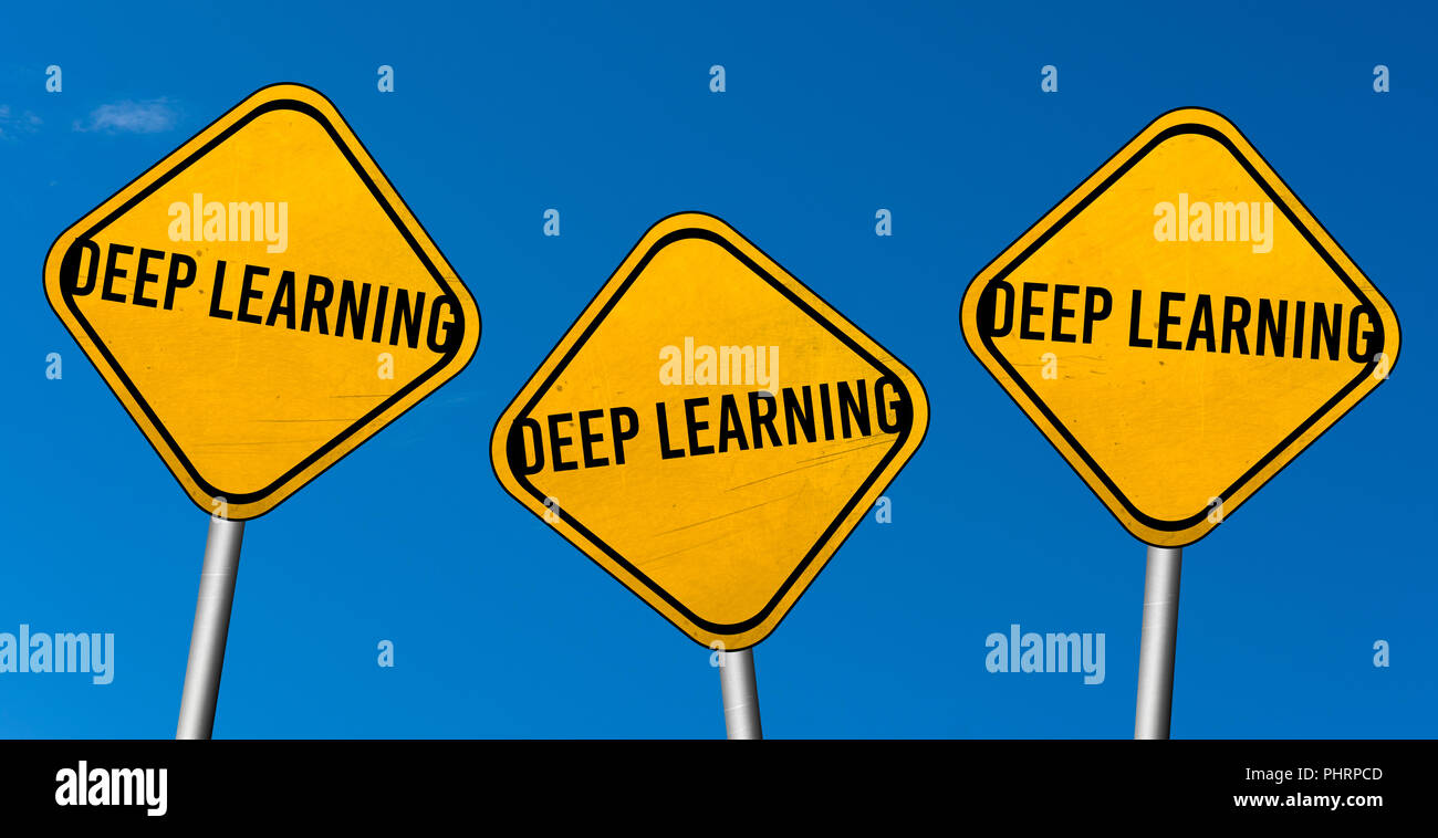 Deep learning - yellow signs with blue sky Stock Photo - Alamy