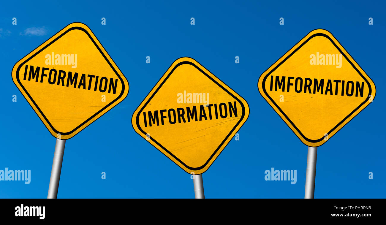 Imformation society - yellow signs with blue sky Stock Photo - Alamy