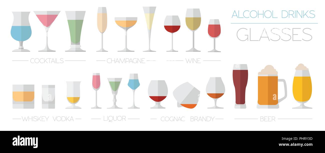 Alcohol glasses flat icon set. Different alcohol beverages. Vector ...