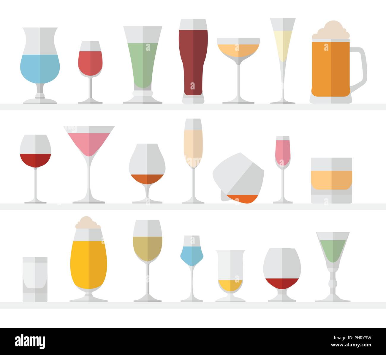Alcohol glasses flat icon set. Different alcohol beverages. Vector ...
