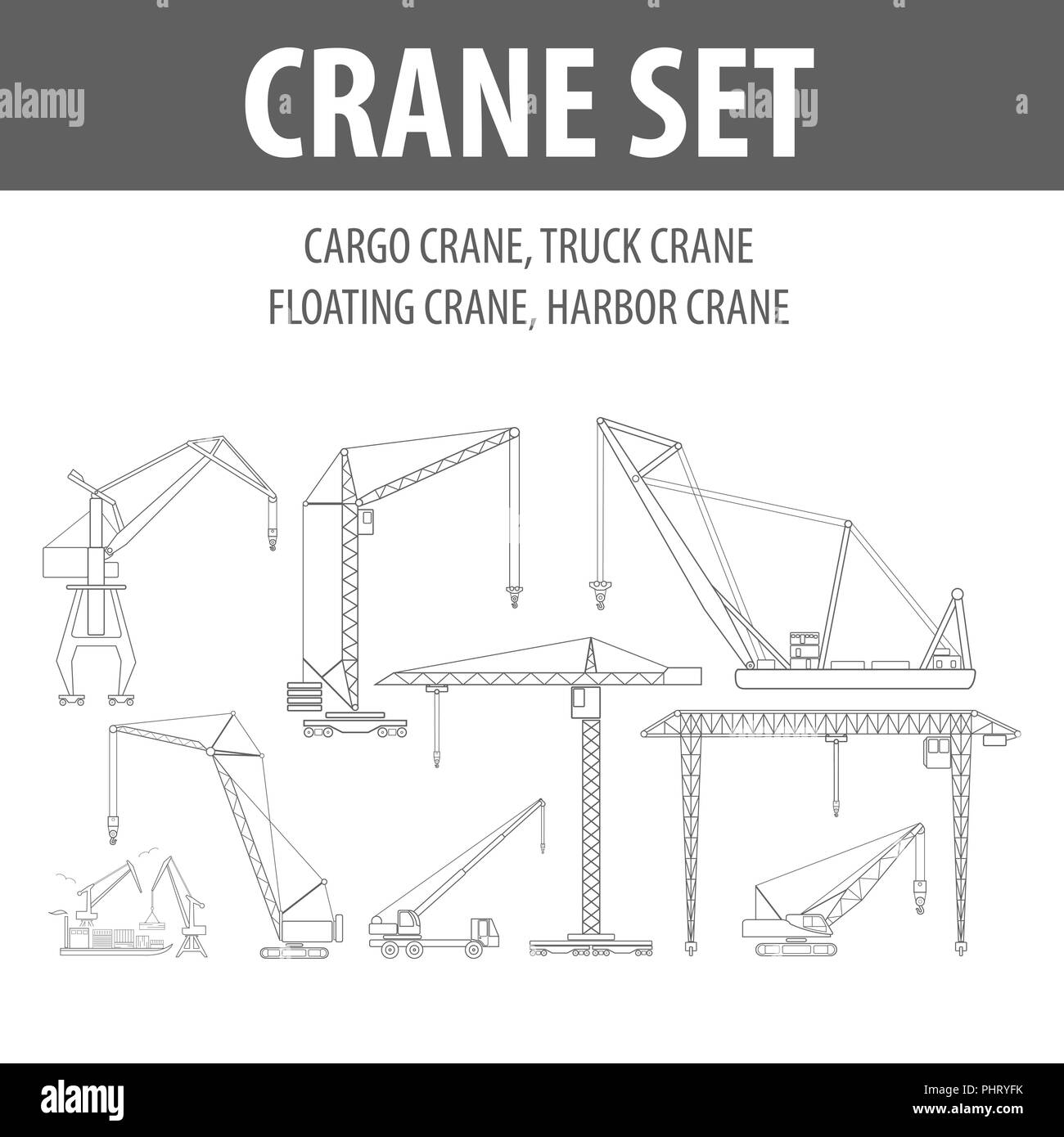 Crane and lifting machine. Outline icon set suitable for creating ...