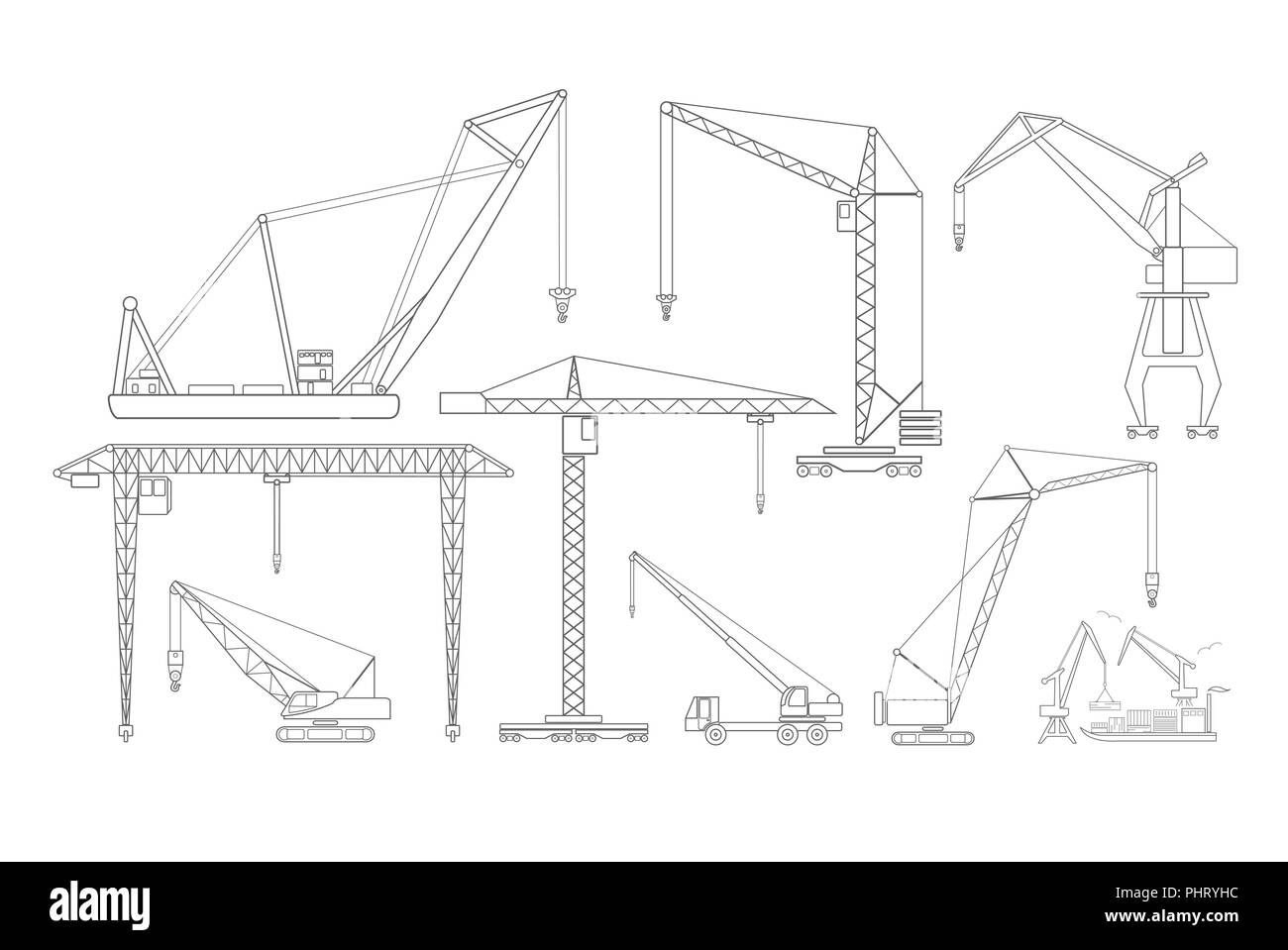 Crane and lifting machine. Outline icon set suitable for creating ...