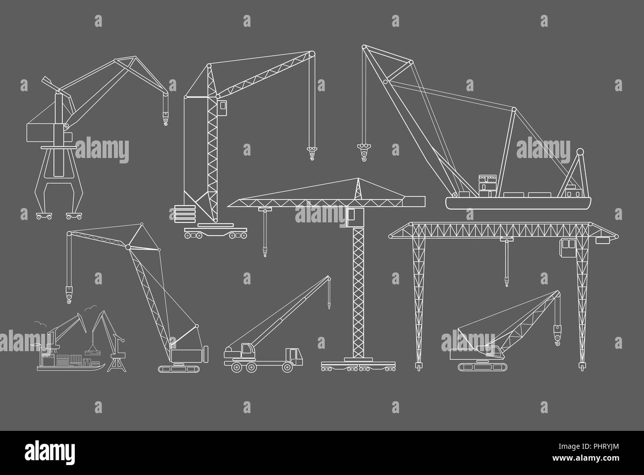 Crane and lifting machine. Outline icon set suitable for creating ...
