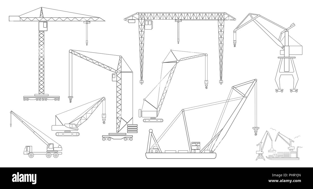 Crane and lifting machine. Outline icon set suitable for creating ...