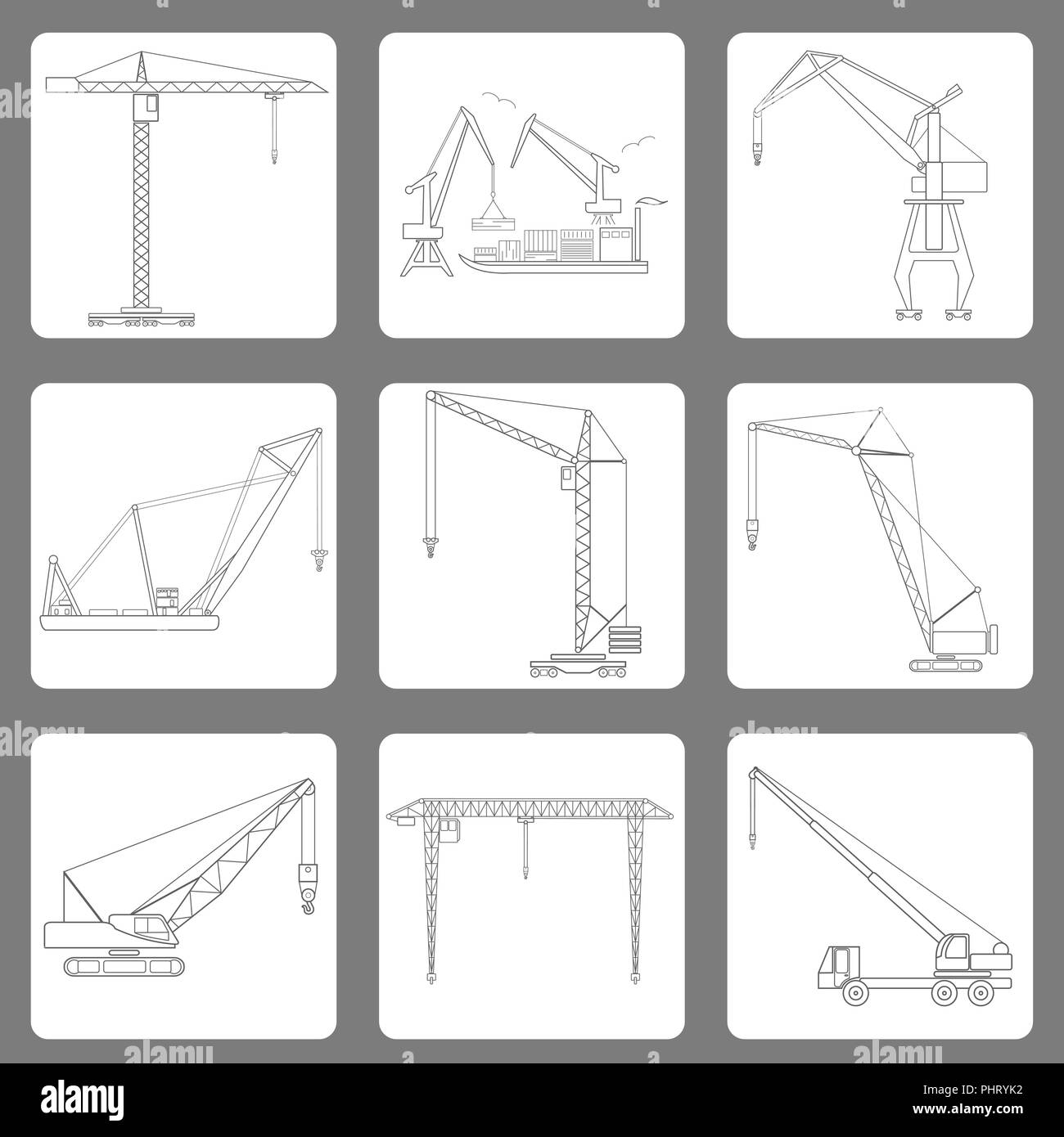 Crane and lifting machine. Outline icon set suitable for creating ...