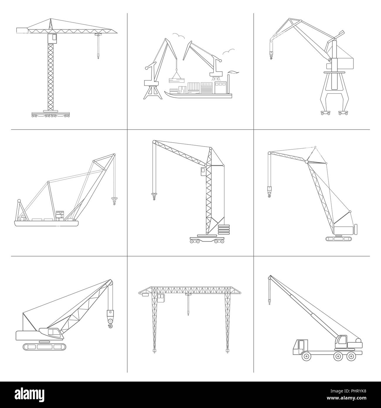 Crane and lifting machine. Outline icon set suitable for creating ...