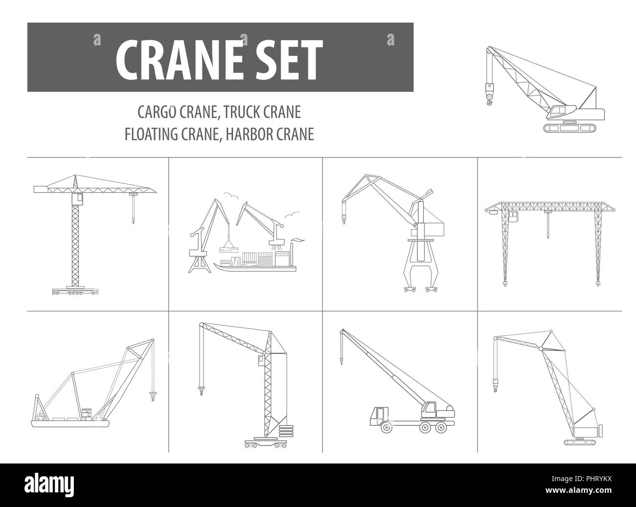 Crane and lifting machine. Outline icon set suitable for creating ...