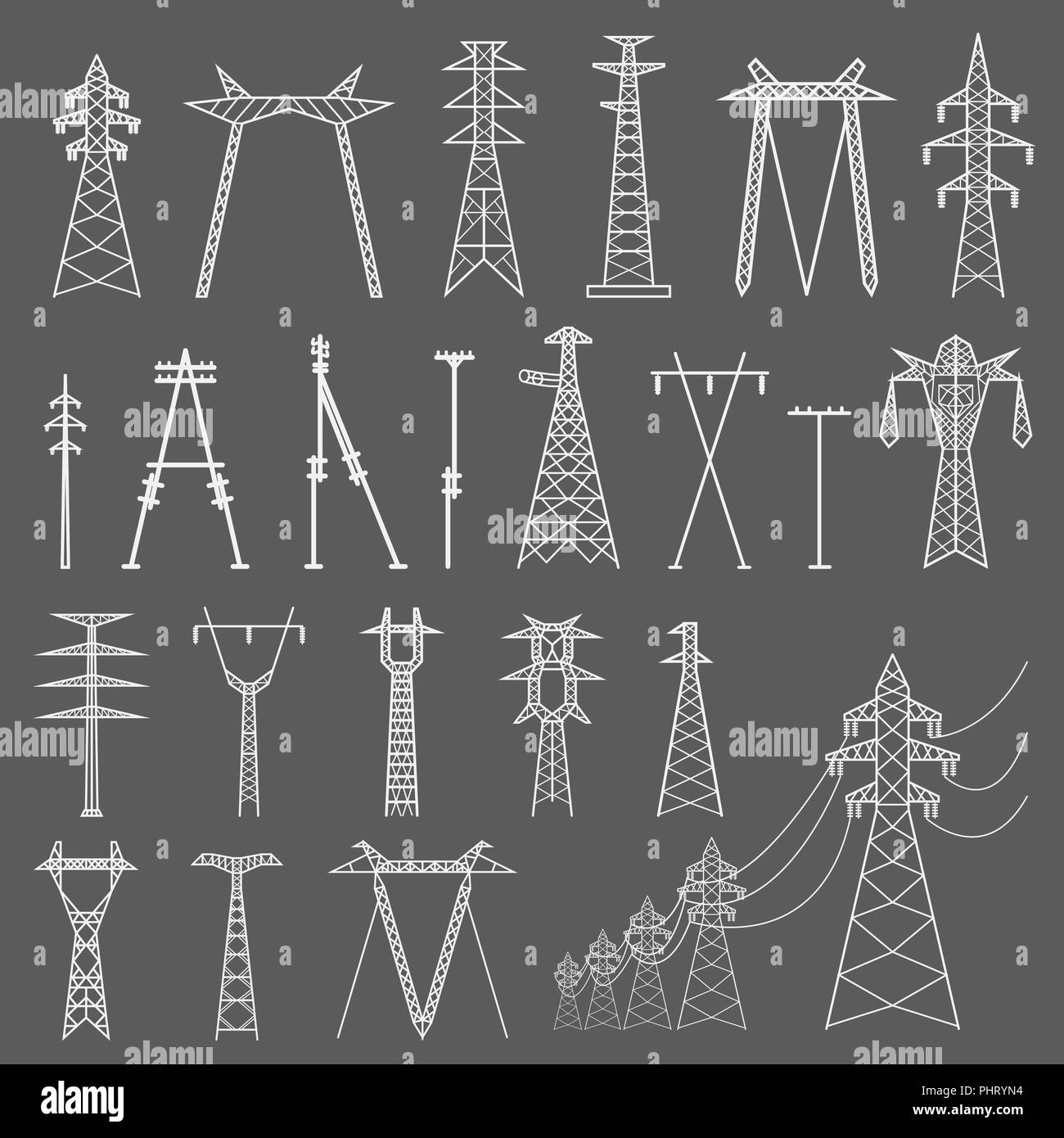 High voltage electric line pylon. Icon set suitable for creating ...