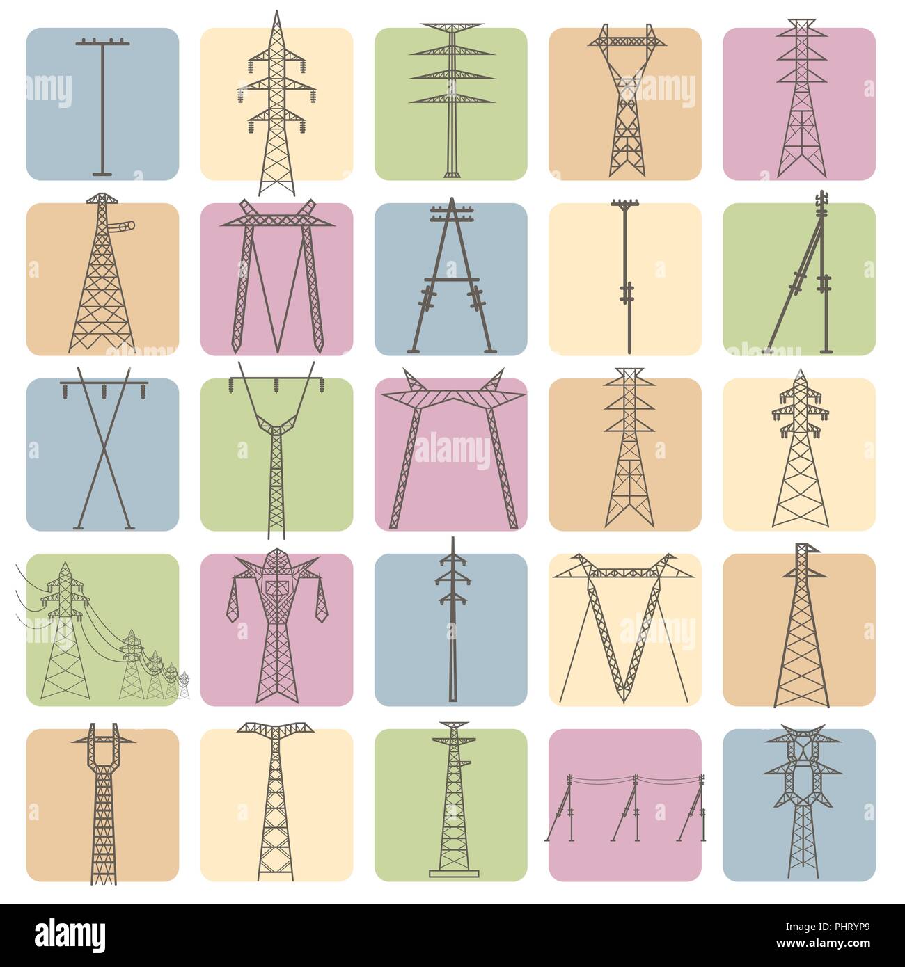 High voltage electric line pylon. Icon set suitable for creating ...