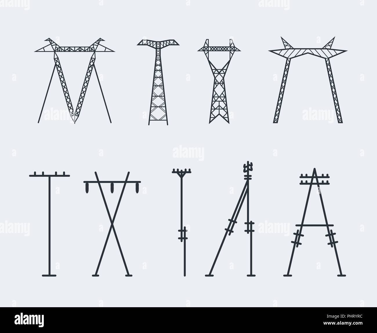 High voltage electric line pylon. Icon set suitable for creating ...