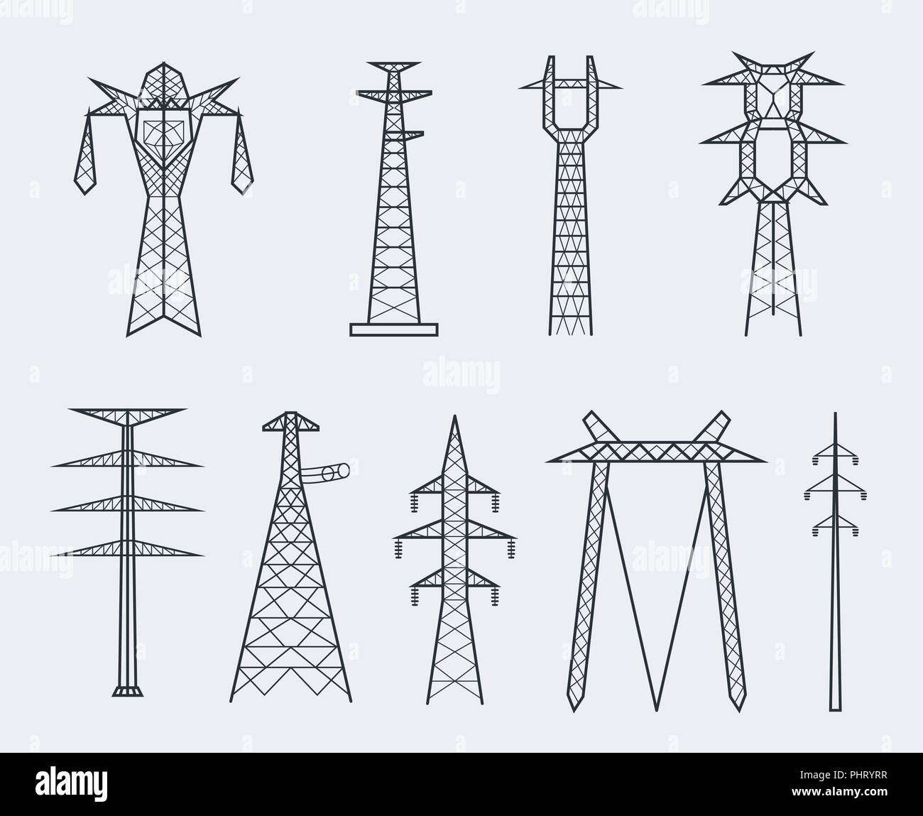 High voltage electric line pylon. Icon set suitable for creating ...