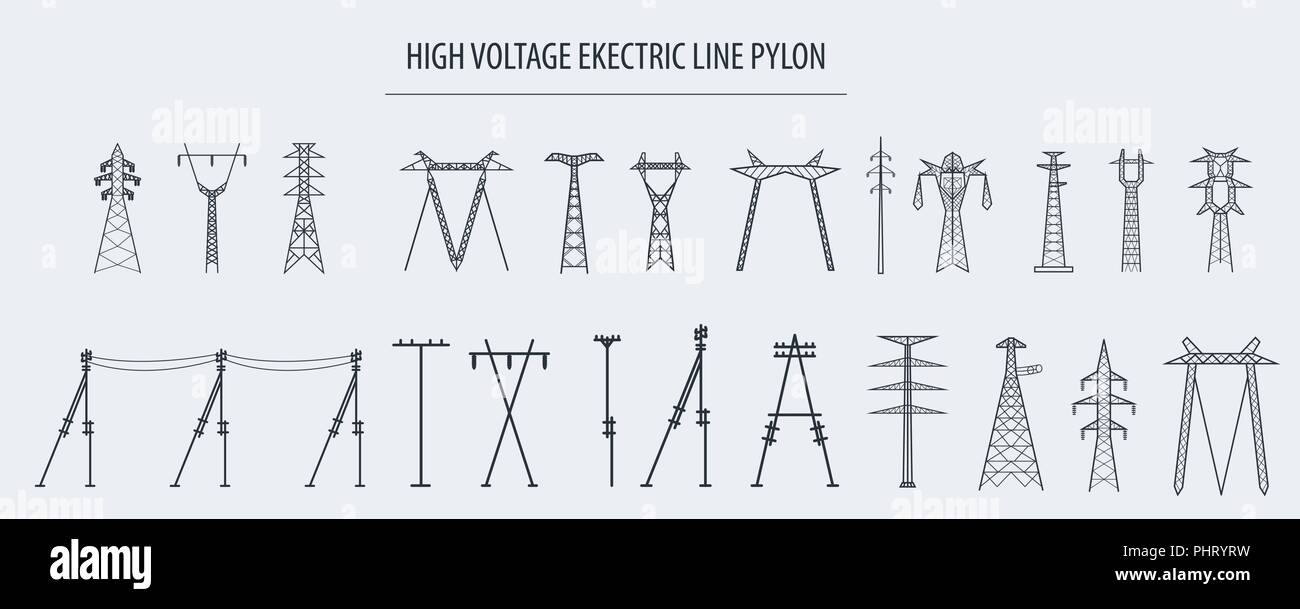 High voltage electric line pylon. Icon set suitable for creating ...