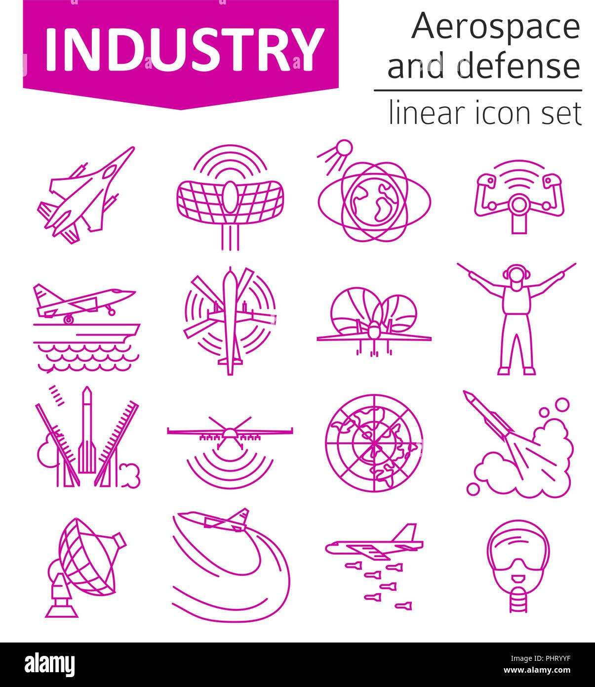 Aerospace and defense, military aircraft icon set. Thin line design for ...