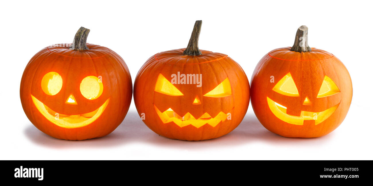 Three Halloween Pumpkins isolated on white background Stock Photo - Alamy