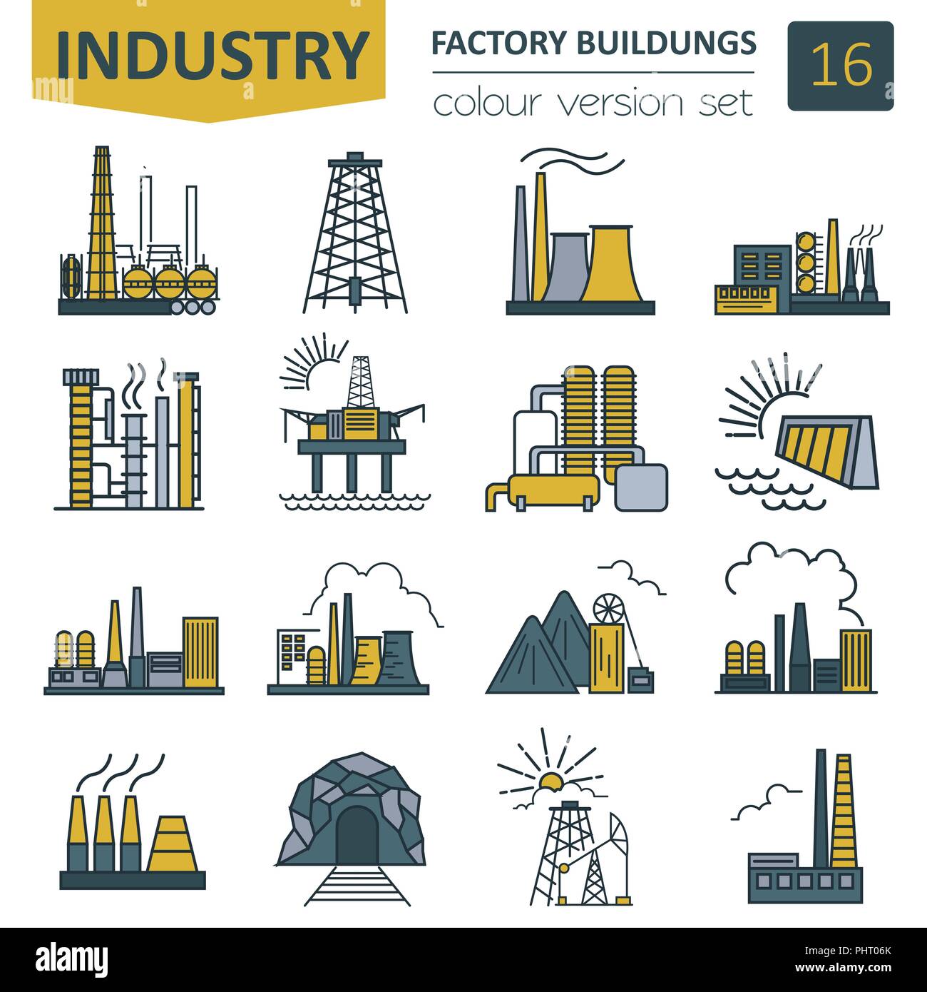 Factory buildings icon set. Colour version design. Vector illustration ...