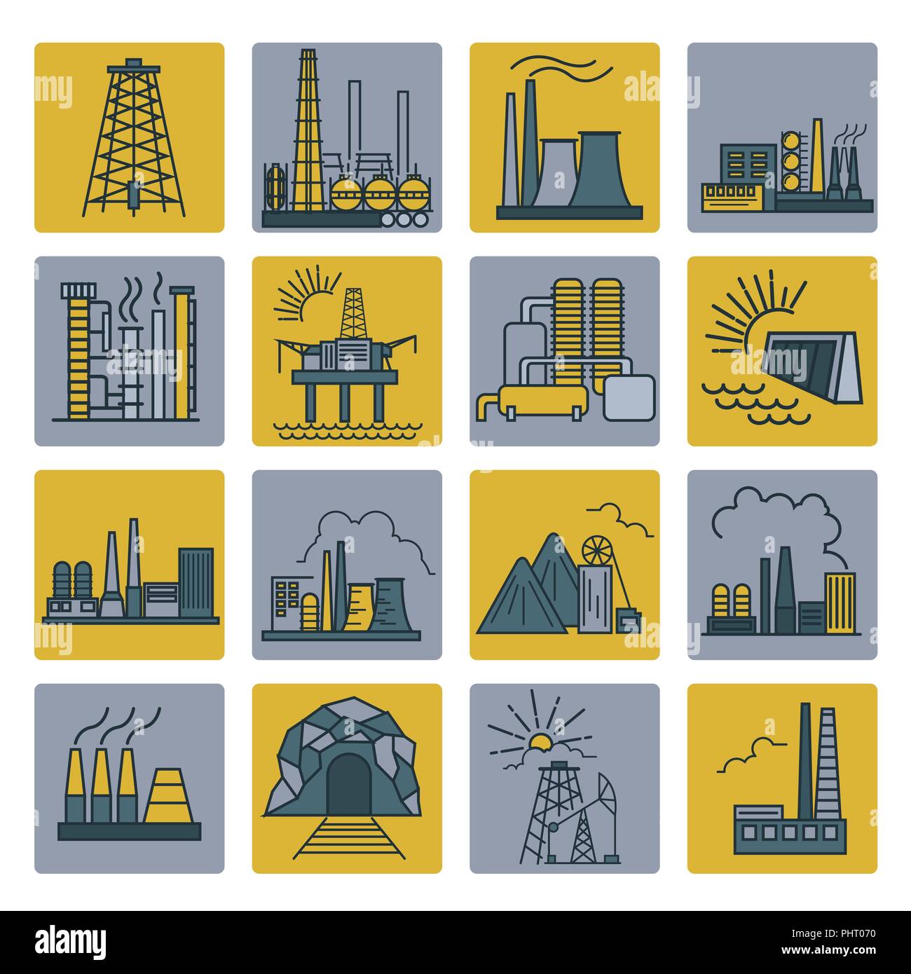 Factory buildings icon set. Colour version design. Vector illustration ...