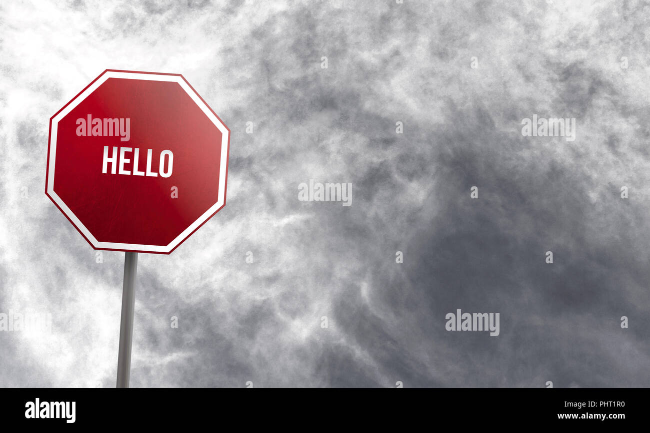 hello - red sign with clouds in background Stock Photo - Alamy