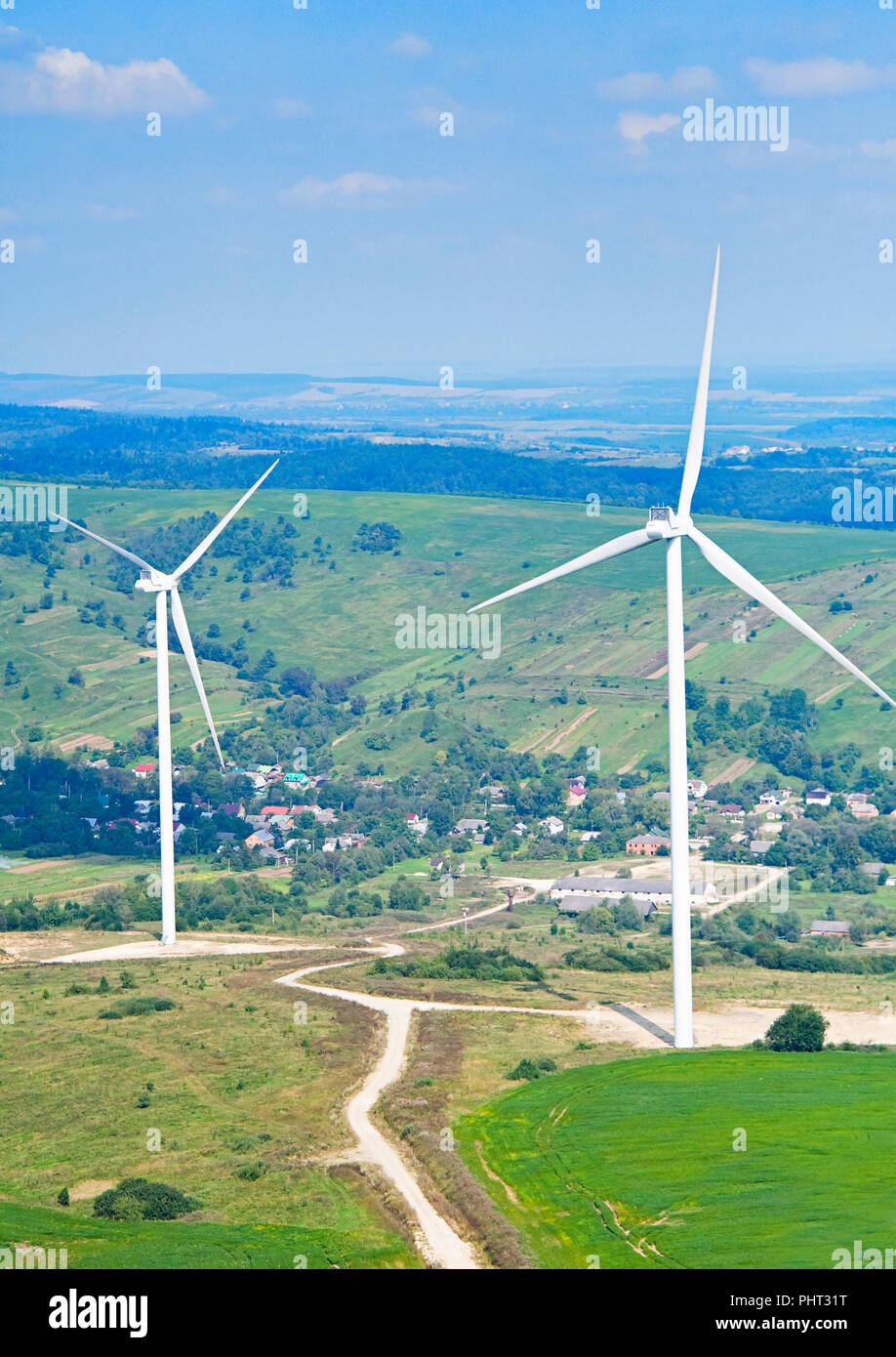 Wind turbine from aerial view - Sustainable development, environment ...