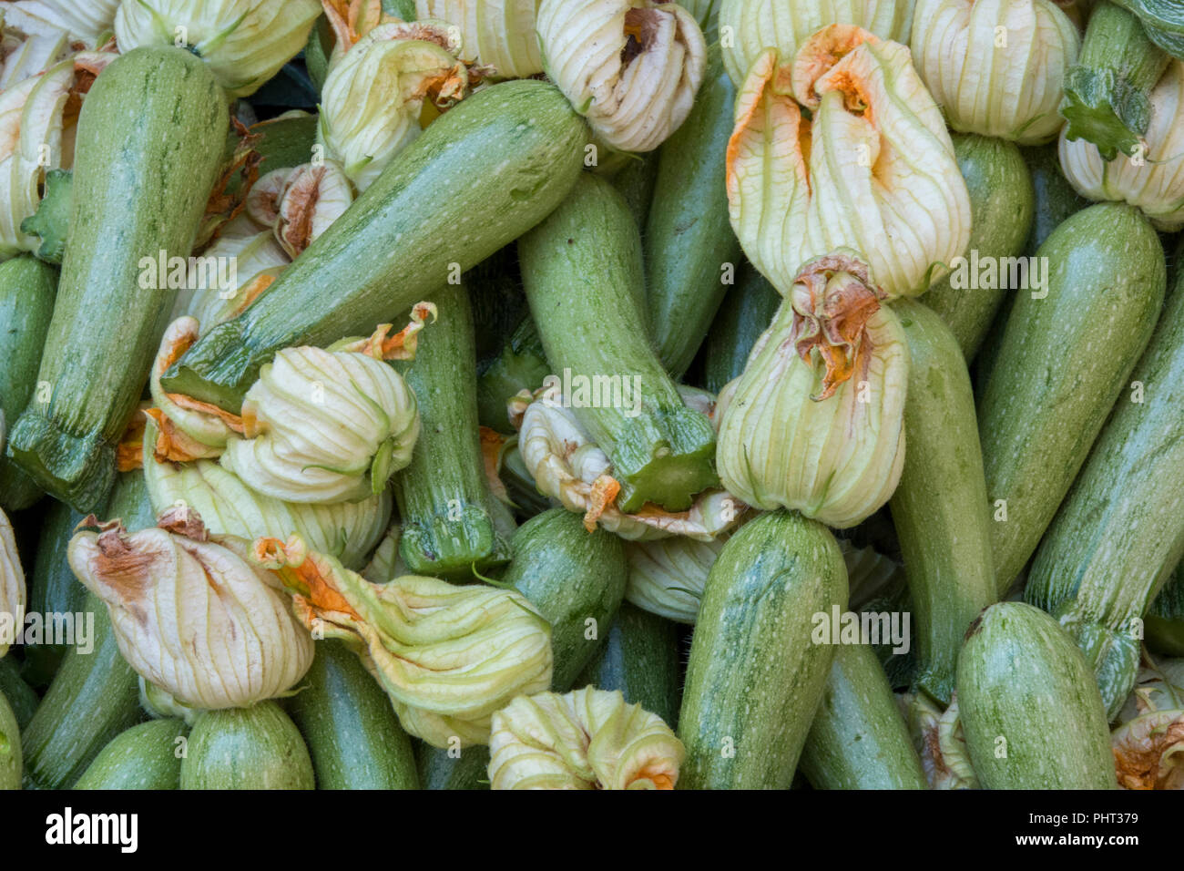 freshly picked courgettes with flowers and on display at a market stall ...