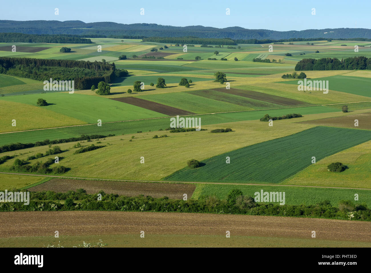 swabian alps; swabian highlands; landscape with crop fields ...