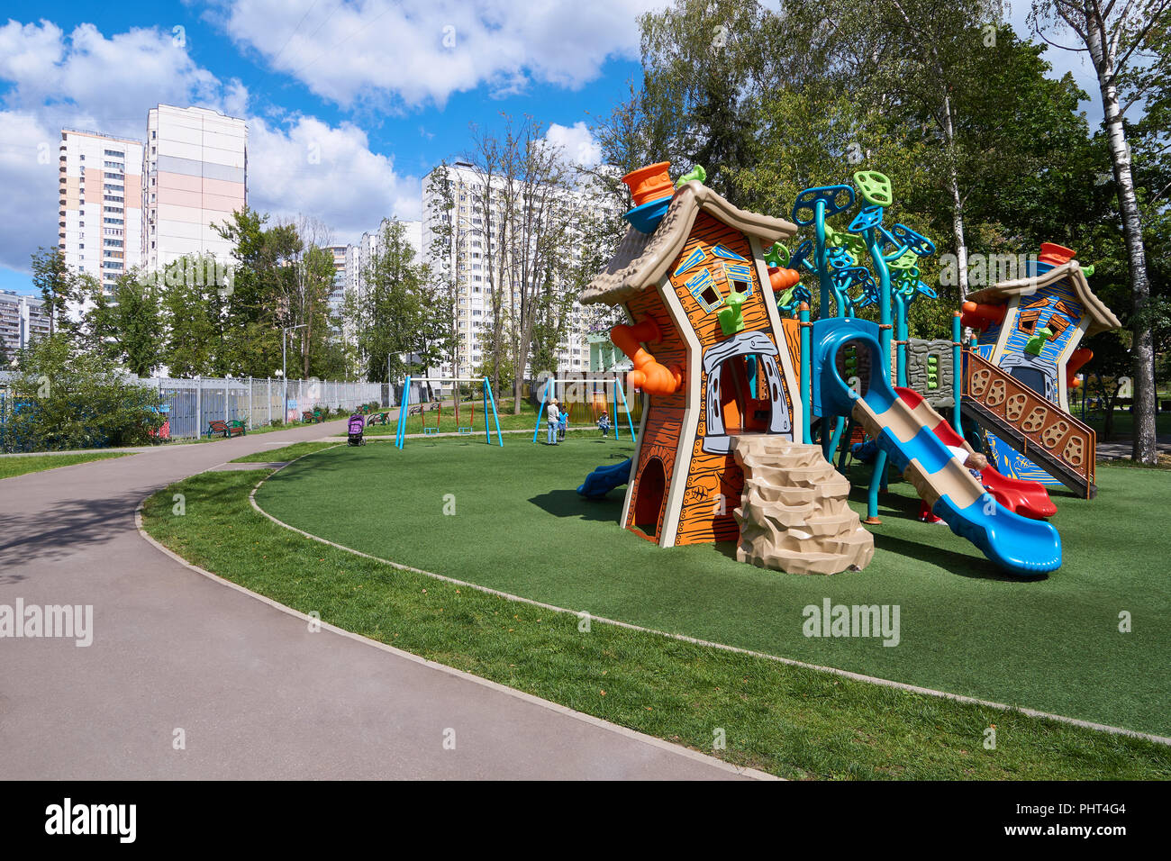 Moscow, Russia - August 08, 2018: New playground with children playing ...