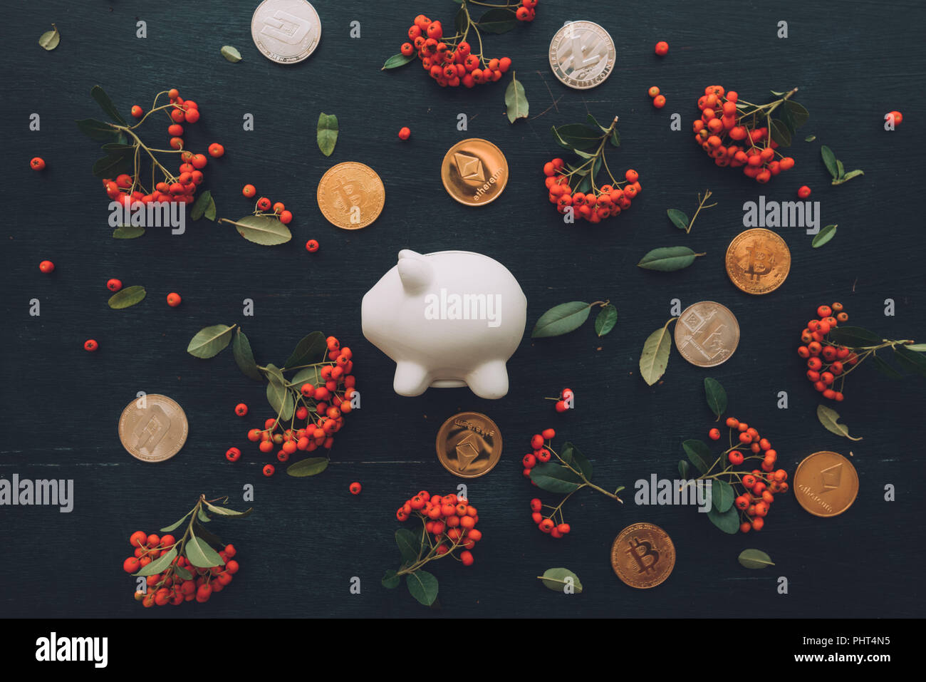 Flat lay piggy coin bank and cryptocurrency coins on dark wooden ...