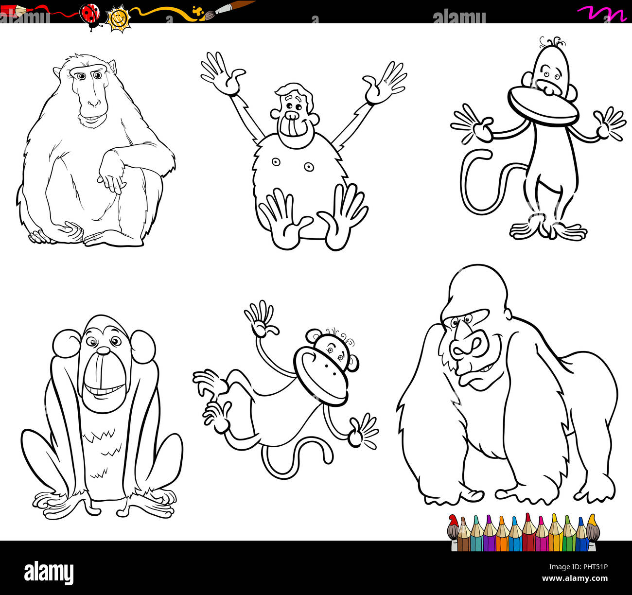 set of monkeys animal characters color book Stock Photo - Alamy