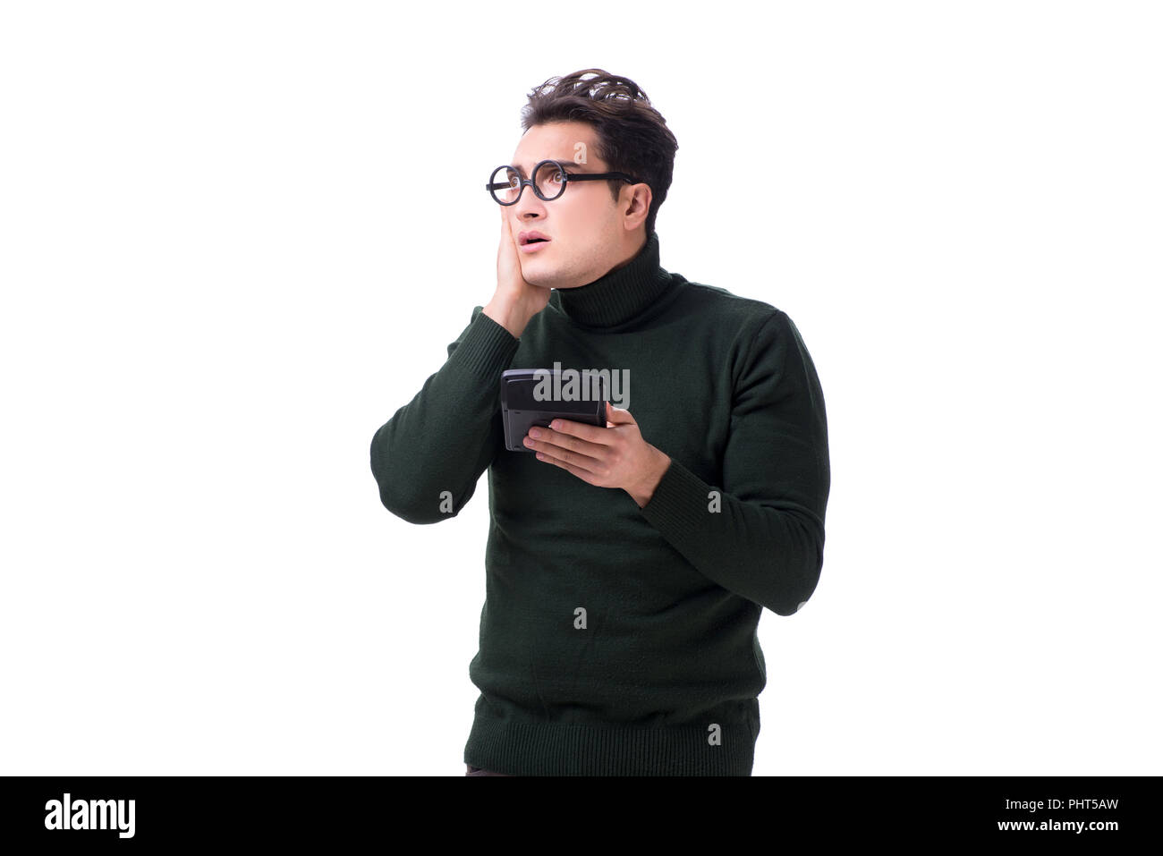 Nerd young man with calculator isolated on white Stock Photo - Alamy