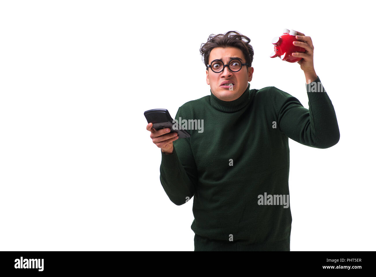 Nerd young man with piggybank isolated on white Stock Photo - Alamy