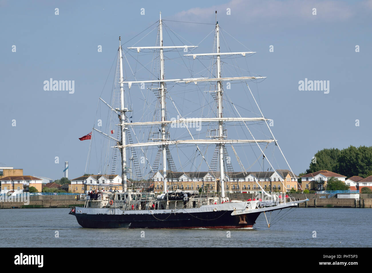Sail Training Ship Lord Nelson seen heading up the Thames to London at ...
