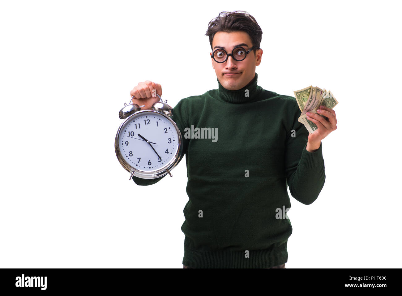 Nerd young man with clock and money isolated on white Stock Photo - Alamy