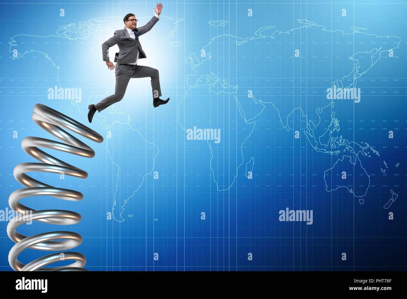 Businessman jumping from spring in promotion concept Stock Photo - Alamy