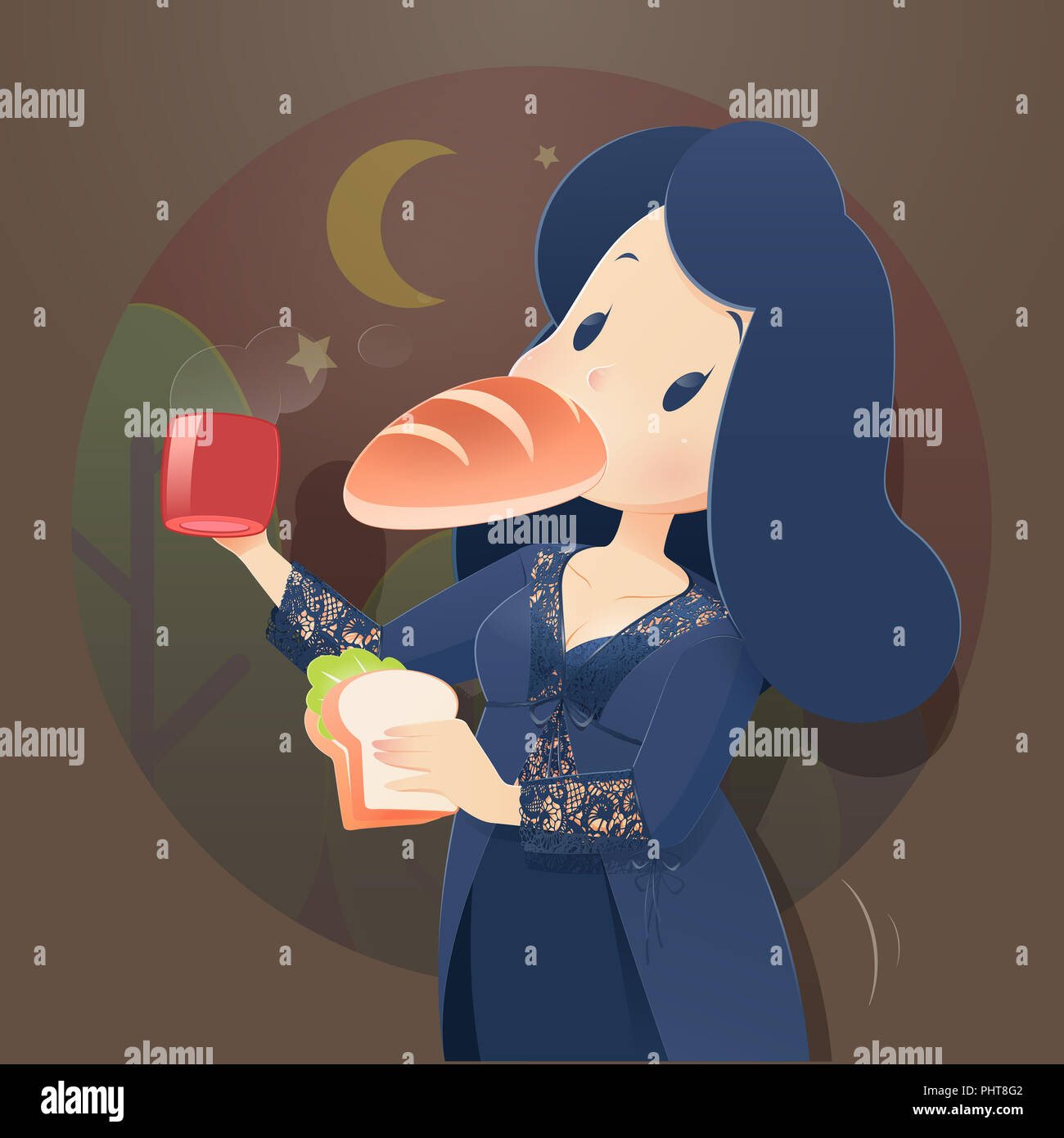Illustration woman in blue nightwear and lace robe eating at night ...