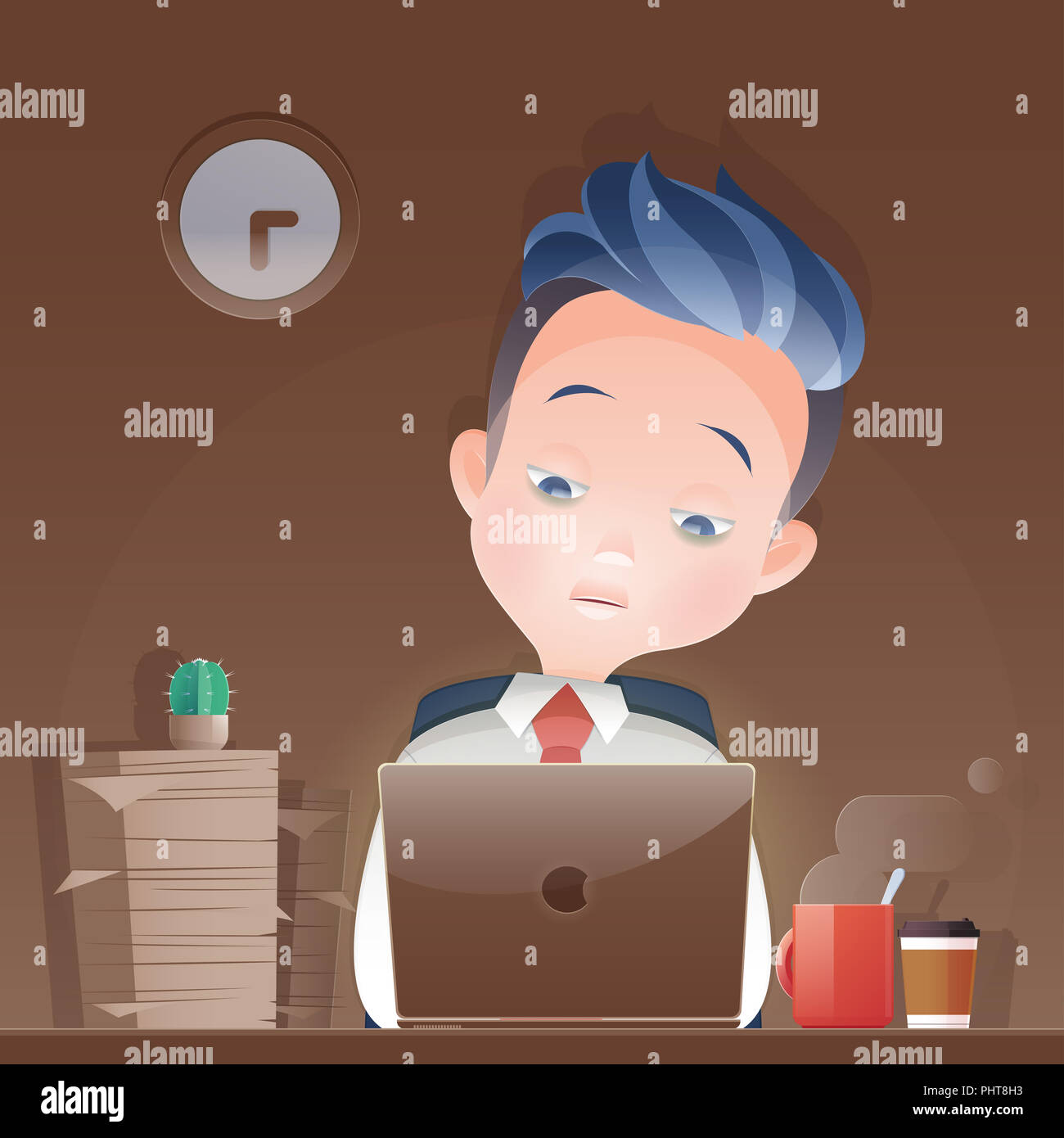 Cartoon businessman working overtime late night in office. Vector and ...