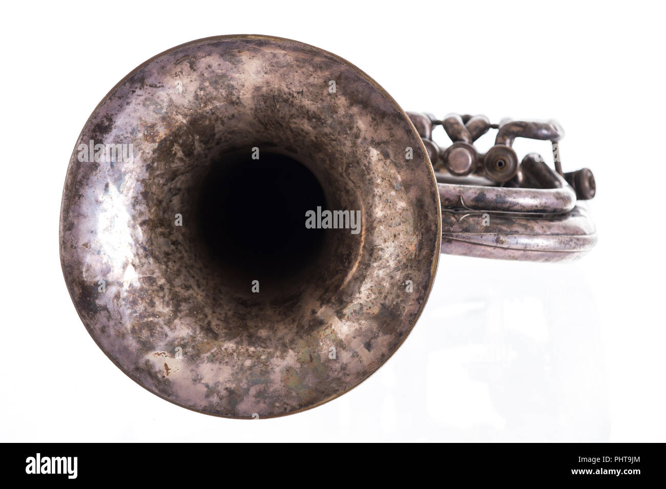 old musical wind instrument isolated on white background, chrome-plated ...