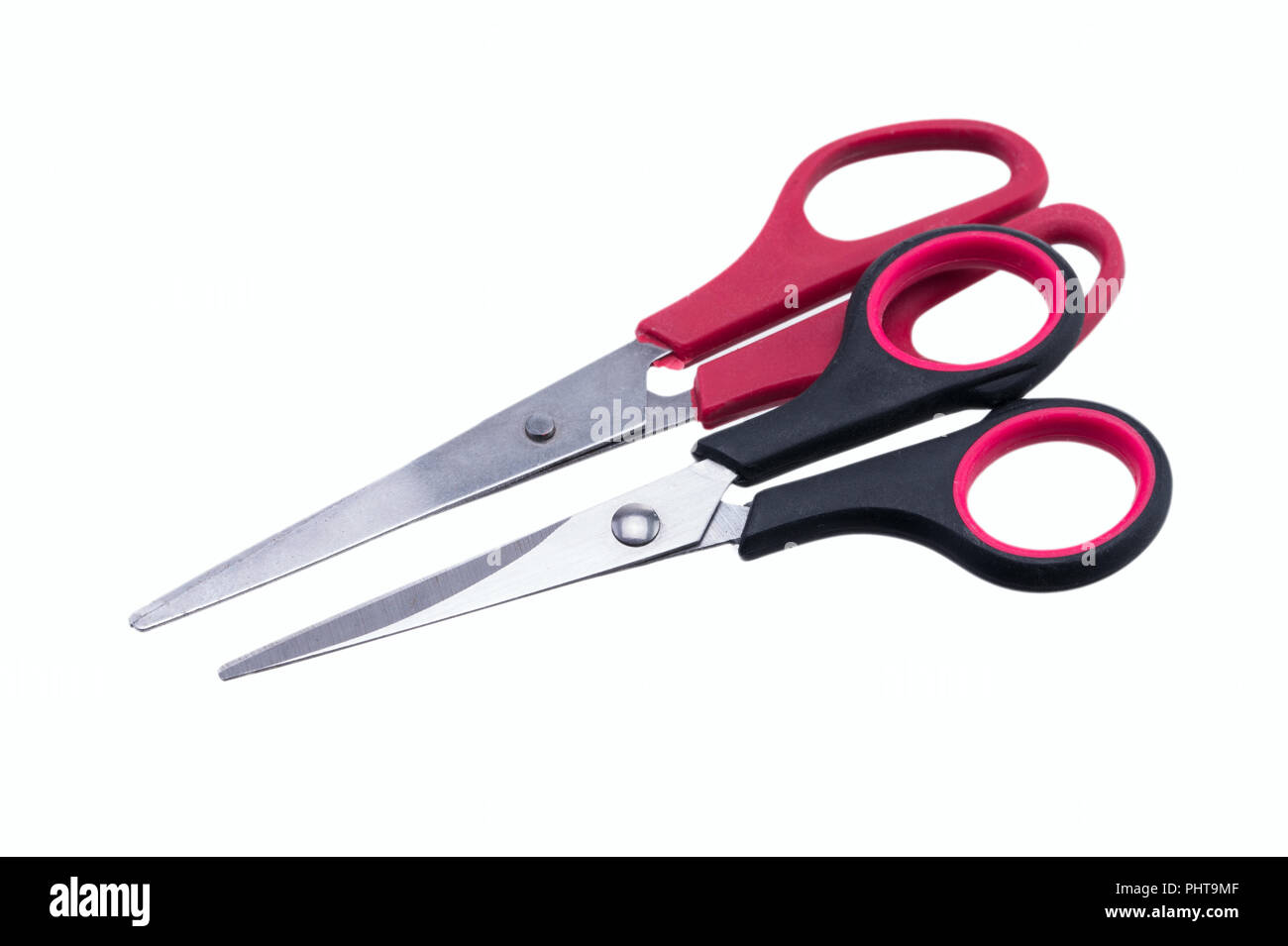 Stationery metal scissors with plastic handles isolated on white ...