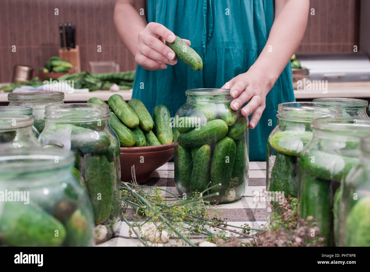 women's hands put cucumbers in a can for canning, home canning of ...