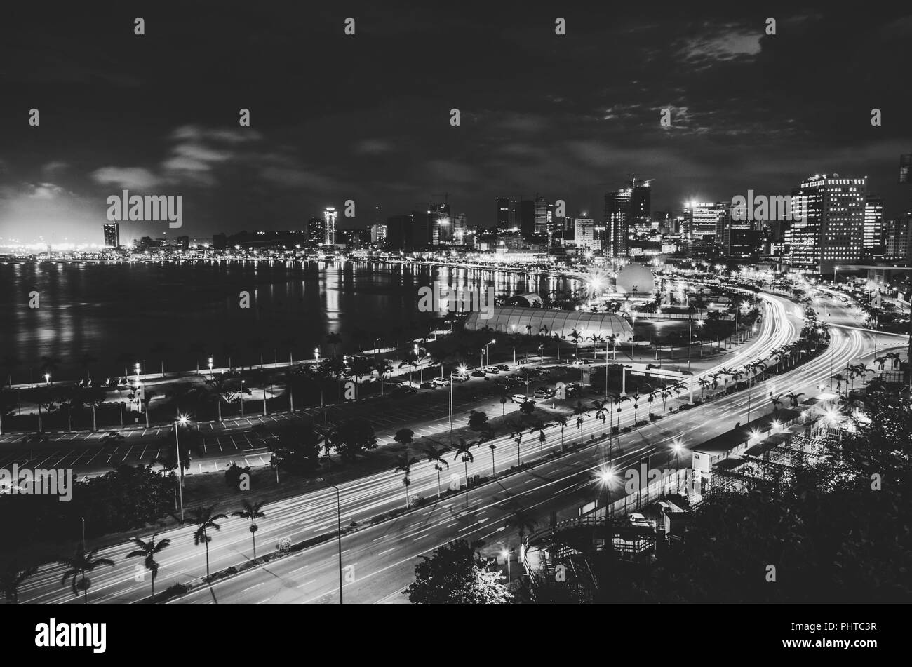 Skyline of capital city Luanda and its seaside during the night, Angola ...