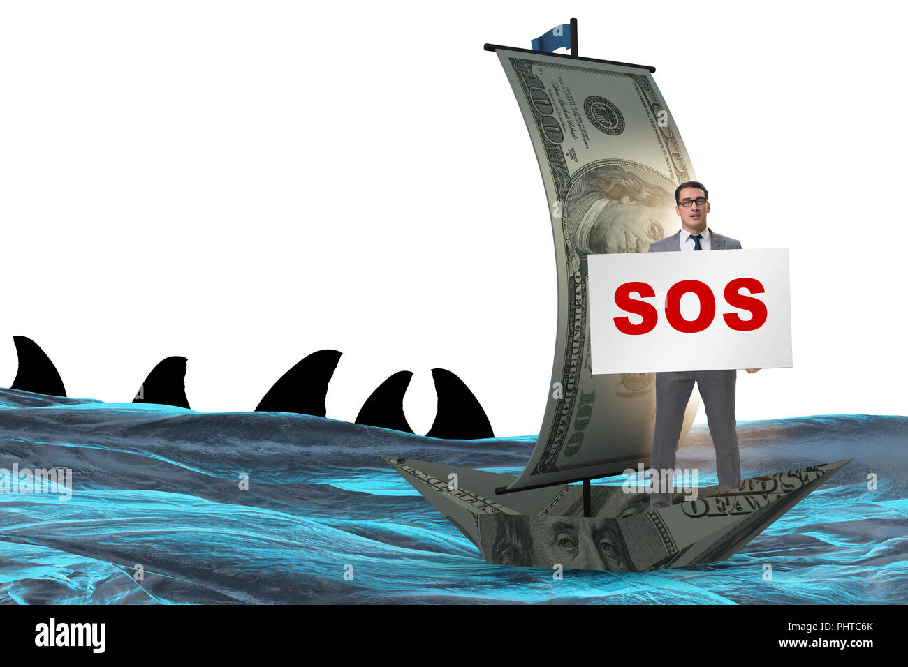 Businessman asking for help with SOS message on boat Stock Photo - Alamy