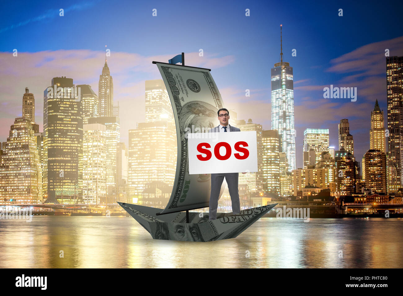 Businessman asking for help with SOS message on boat Stock Photo - Alamy