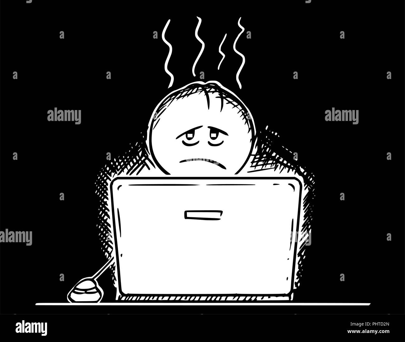 Cartoon of Tired and Overworked Man or Businessman Working on Laptop ...