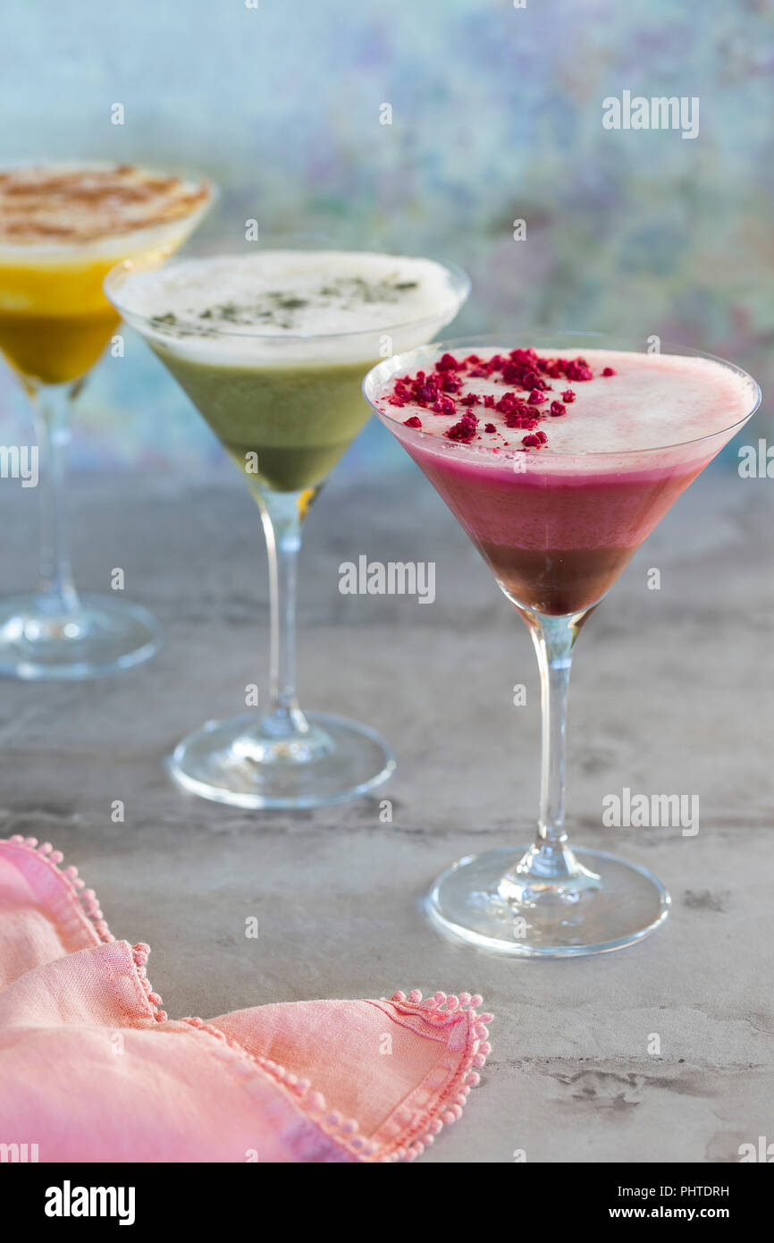 Chilled Tumeric Latte, Matcha Latte and Beetroot Latte Stock Photo - Alamy
