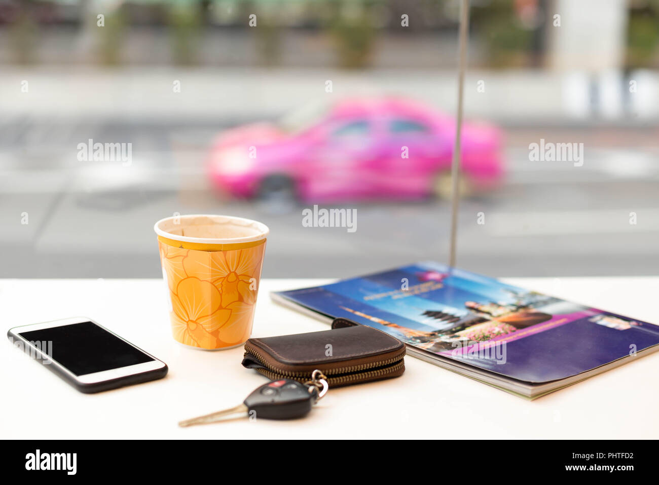 Driver having a coffee at Roadside Rest Area cafe Stock Photo - Alamy