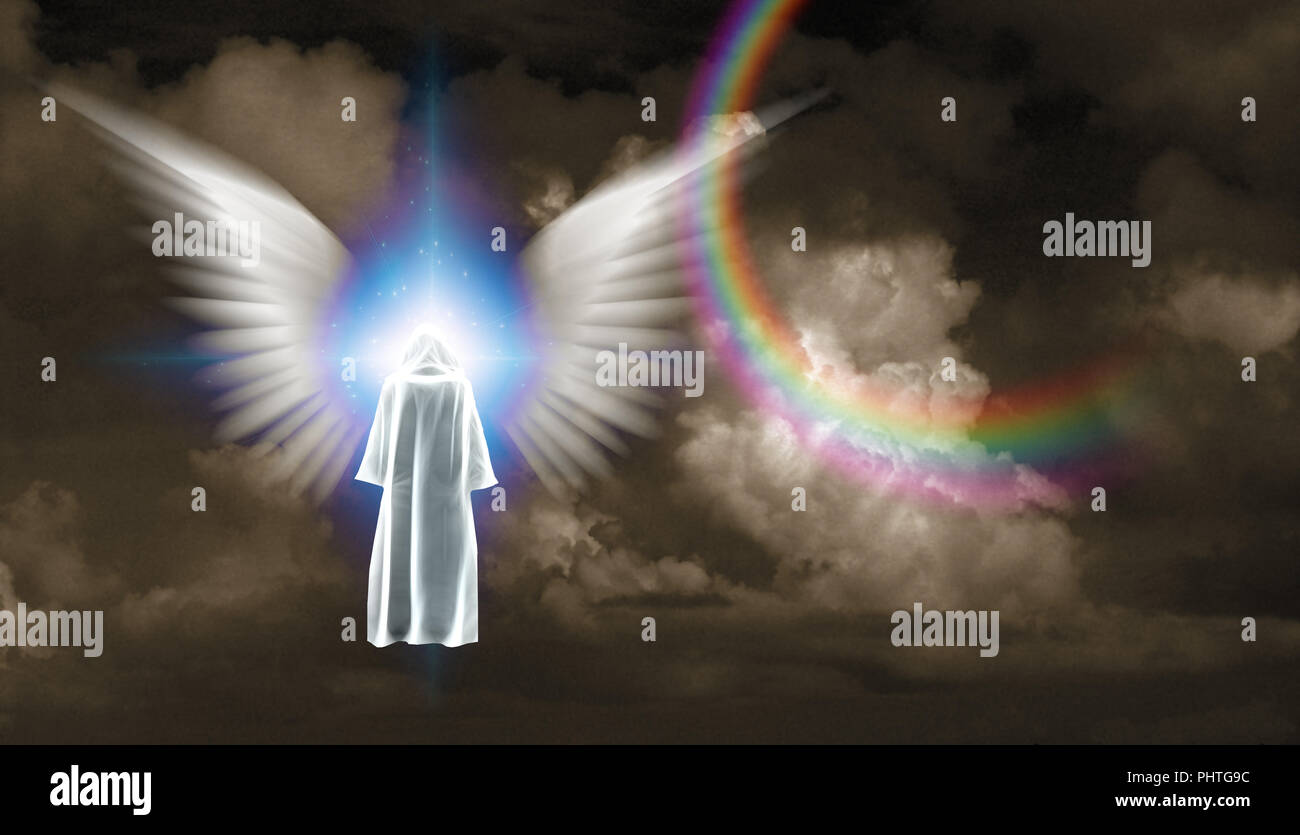 Surrealism. Figure in white cloak stands before shining light with ...