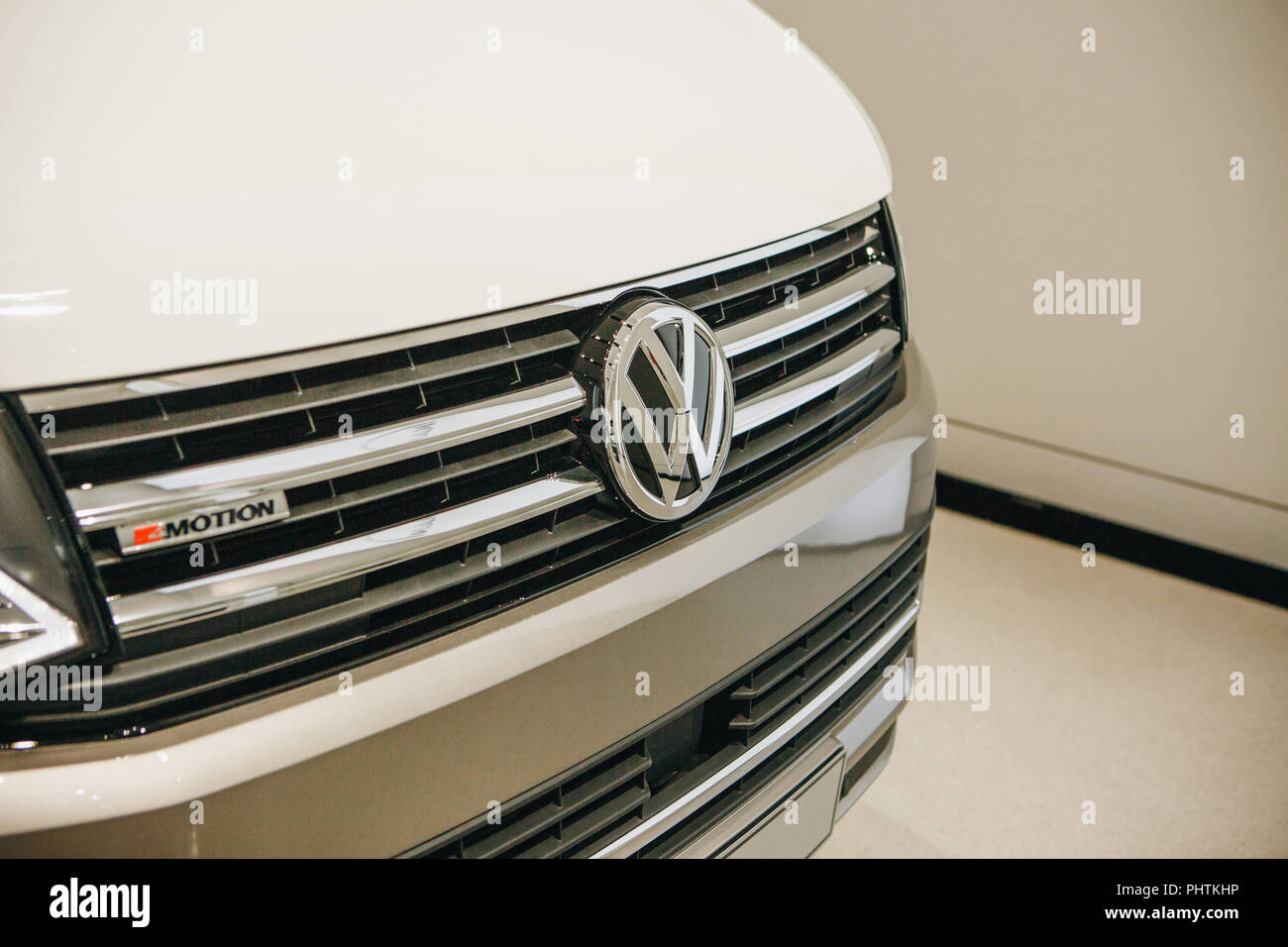 Berlin, August 29, 2018: Close-up sign VW on new Volkswagen multivan ...