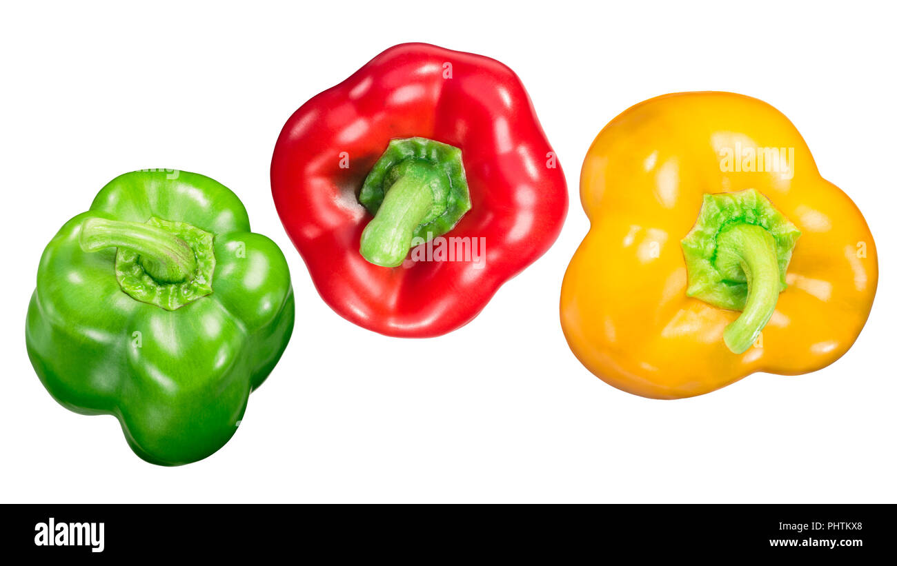 Red, Green and Yellow Bell Peppers (Capsicum annuum), whole pods, top ...