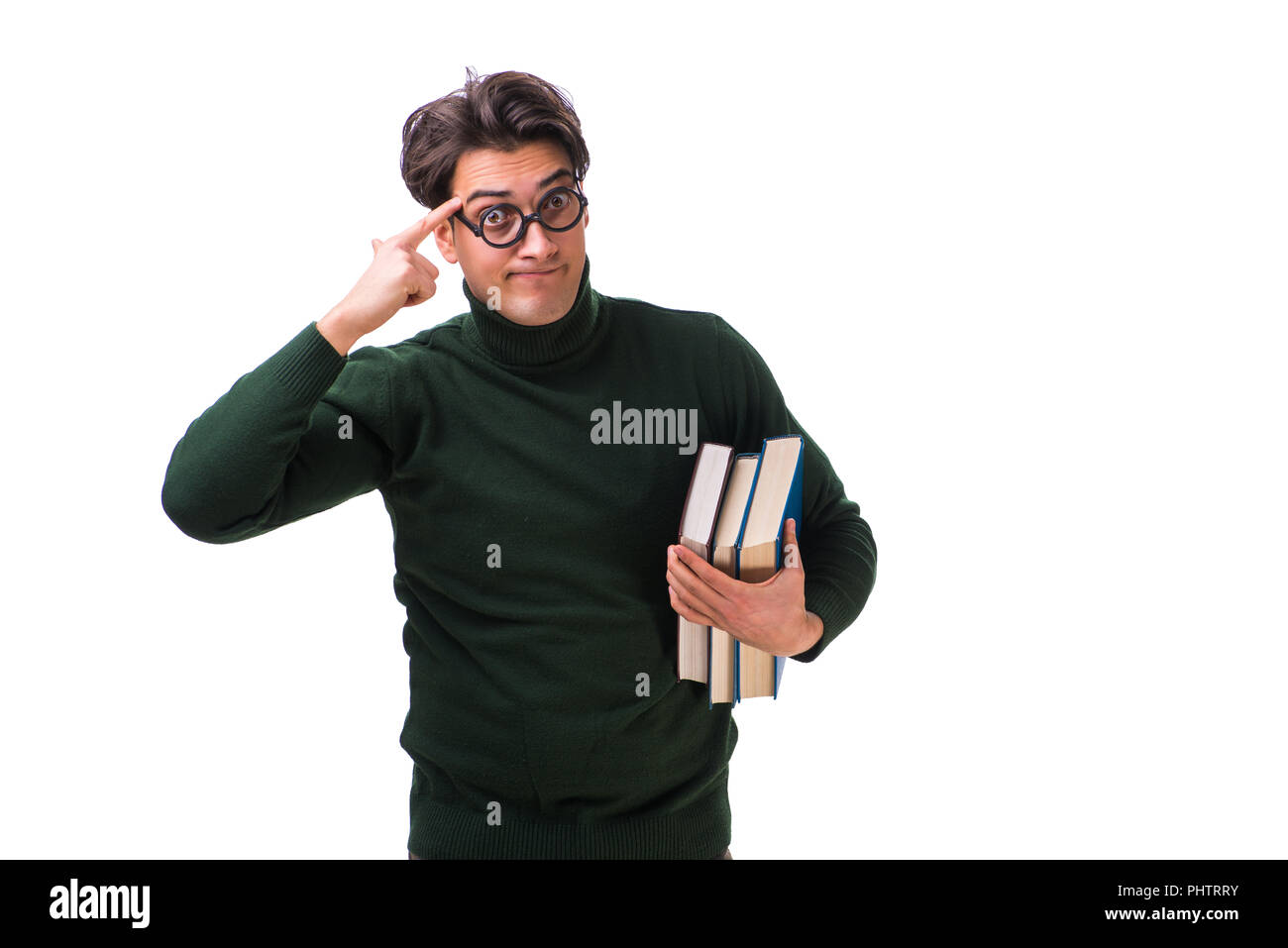 Nerd young student with books isolated on white Stock Photo - Alamy